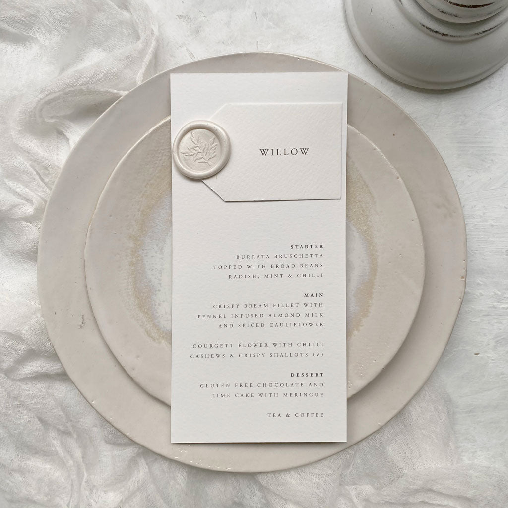 White Wedding Menu with Name Tag – Lilac & White