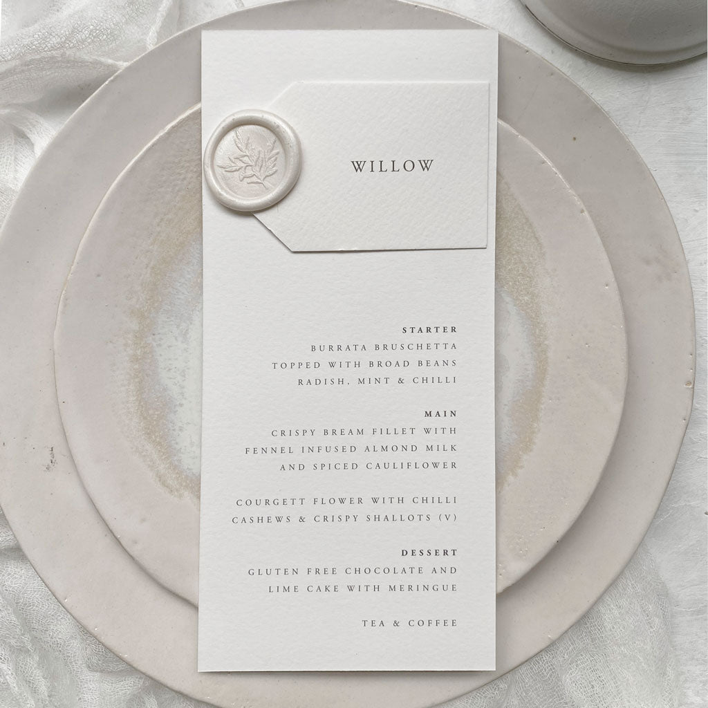 White Wedding Menu with Name Tag – Lilac & White
