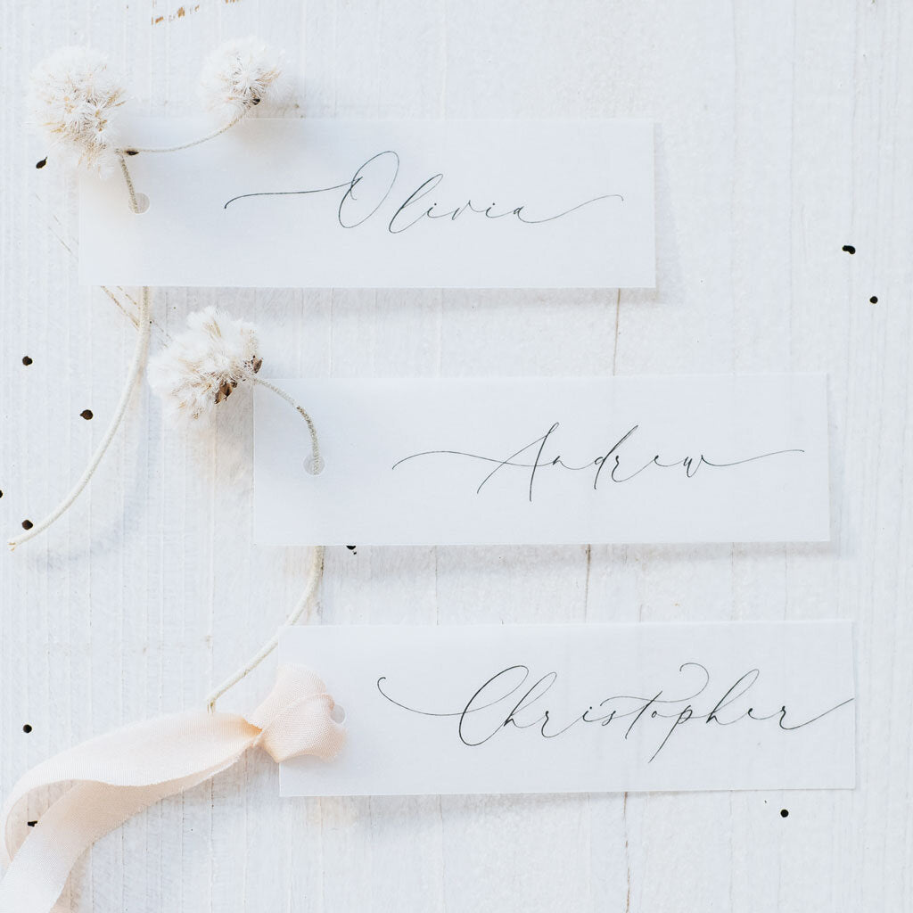 Samantha Vellum Name Tags - Black Ink – Lilac & White