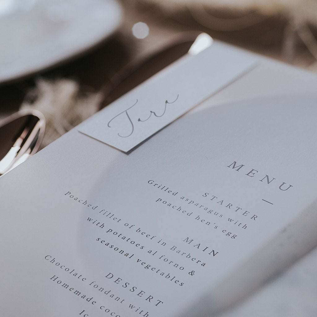 Tara Vellum Menu and Name Tag – Lilac & White